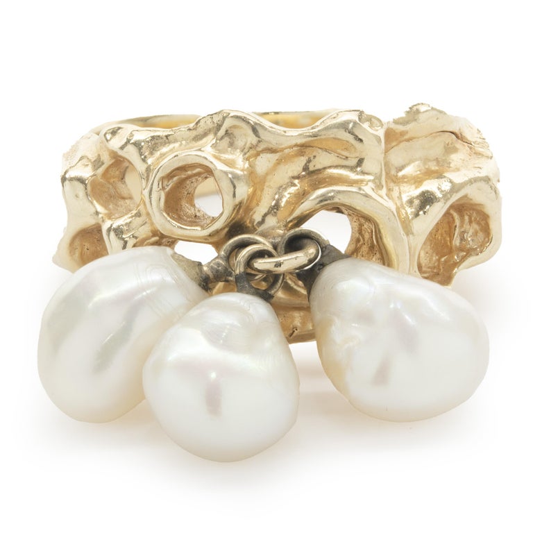14 Karat Yellow Gold Freeform Nugget Pearl Shake Ring For Sale at 1stDibs