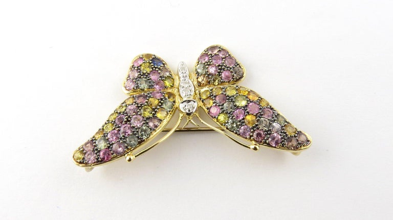 14 Karat Yellow Gold Gemstone Butterfly Pin or Brooch at 1stDibs