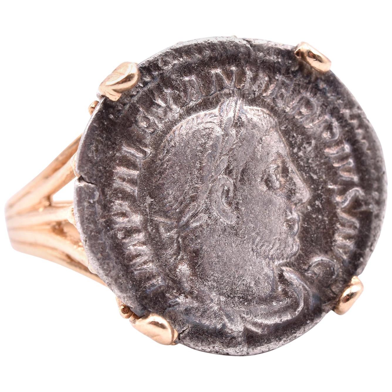 14 Karat Yellow Gold Greek Coin Ring For Sale at 1stDibs