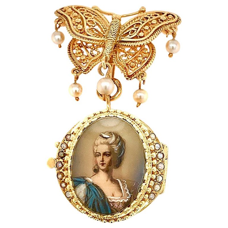 14 Karat Yellow Gold Hand Painted Portrait Miniature Brooch with Hidden ...