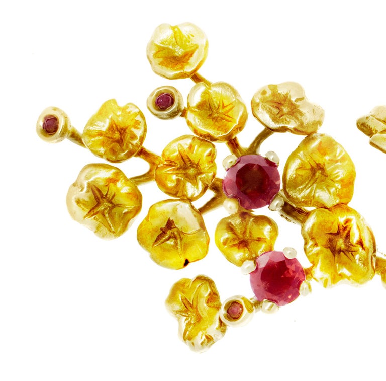 14 Karat Yellow Gold Heliotrope Brooch by the Artist with Rubies and ...
