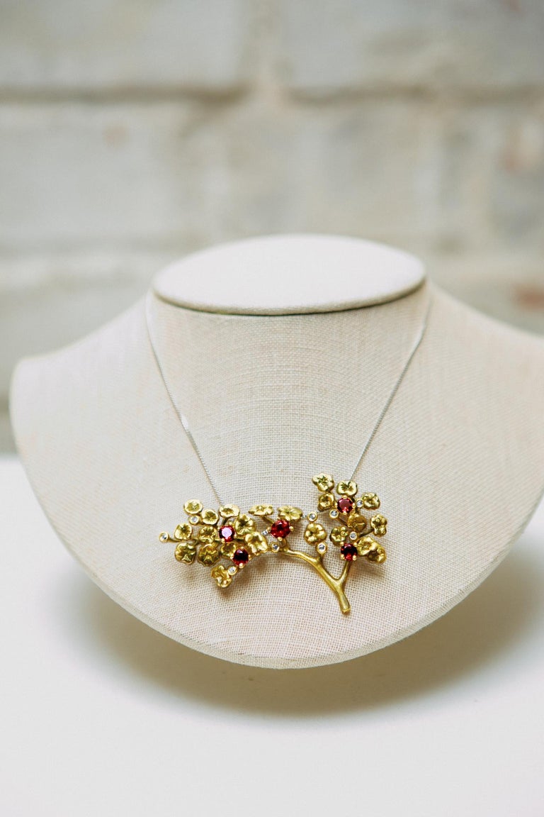 14 Karat Yellow Gold Heliotrope Brooch by the Artist with Rubies and ...