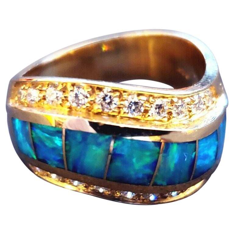 14 Karat Yellow Gold Inlaid Dublet Opal Ring It Consists of 7 Square ...