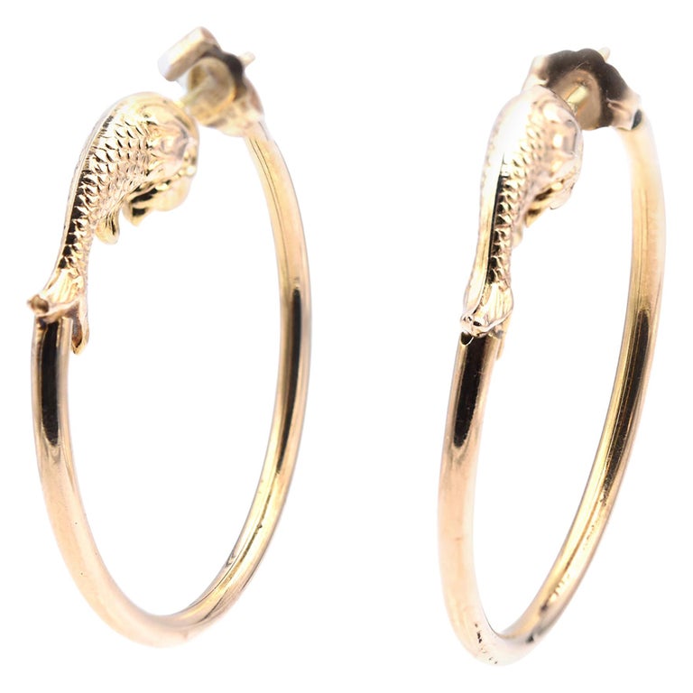 14 Karat Yellow Gold Jumping Fish Hoop Earrings at 1stDibs