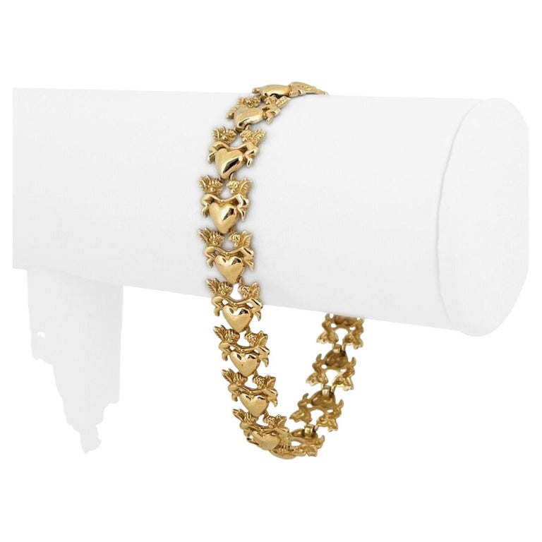 14 Karat Yellow Gold Ladies Fancy Cupid Heart Link Bracelet For Sale at ...