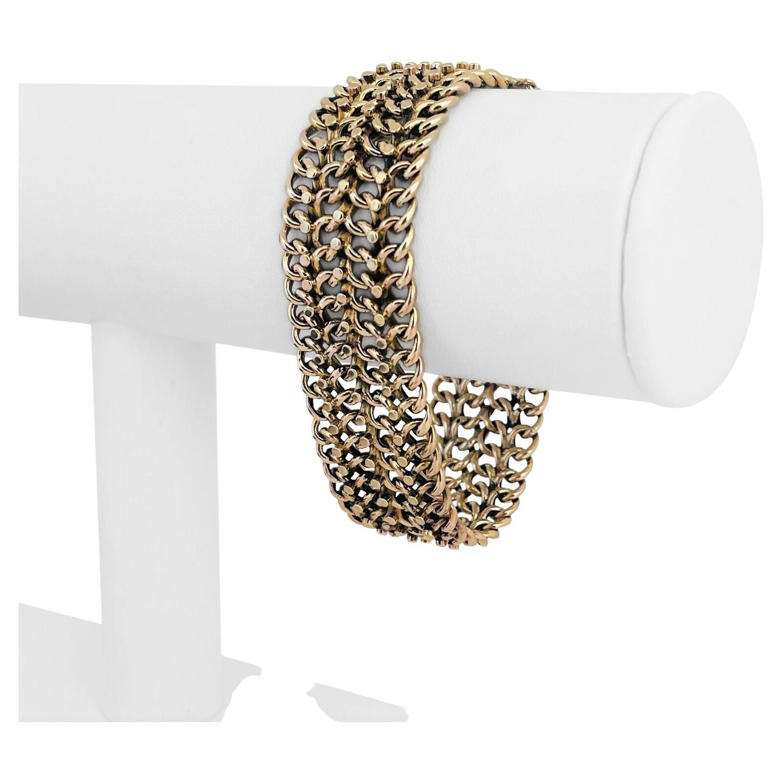 14 Karat Yellow Gold Hollow Flat Fancy Double Curb Link Bracelet Italy ...