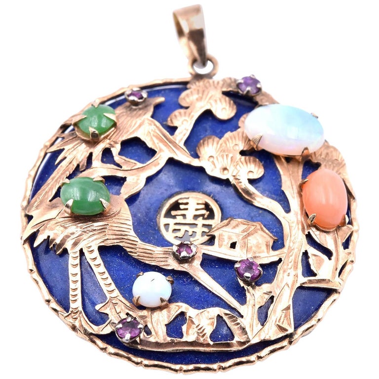14 Karat Yellow Gold Lapis, Jade, Opal, and Ruby Asian Style Pendant ...