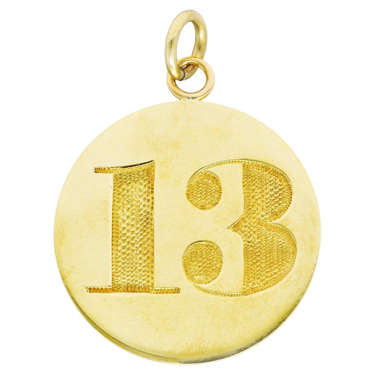14 Karat Yellow Gold Lucky Thirteen 13 Vintage Medallion Charm Pendant ...