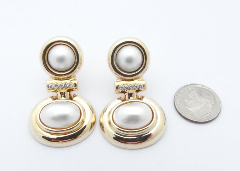 14 Karat Yellow Gold Mobe Pearl and Diamond Earrings For Sale at 1stDibs