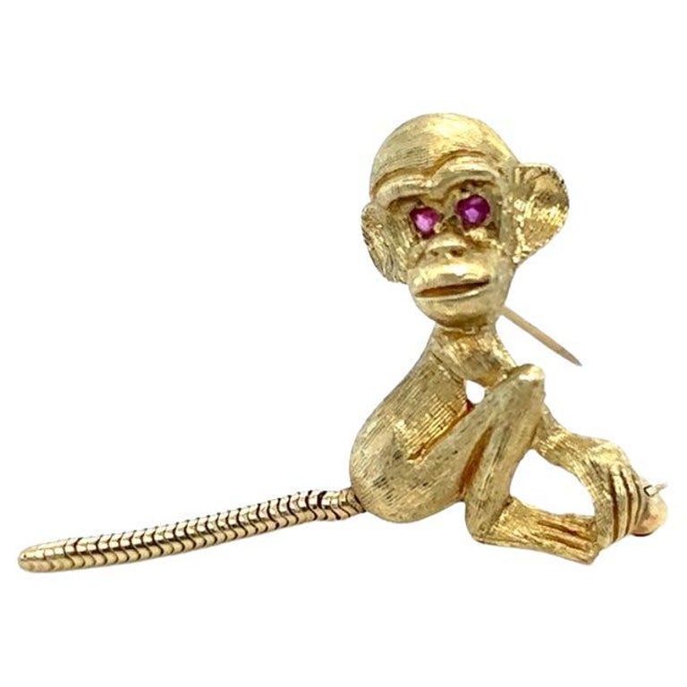 14 Karat Yellow Gold Monkey Lapel Brooch Pin at 1stDibs