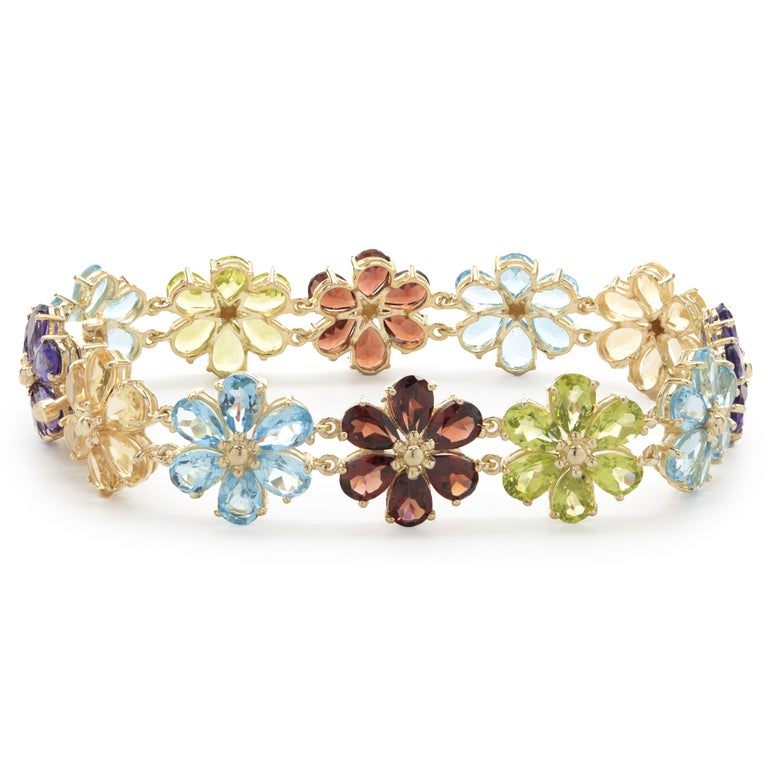 14 Karat Yellow Gold Multi Gemstone Flower Bracelet For Sale at 1stDibs