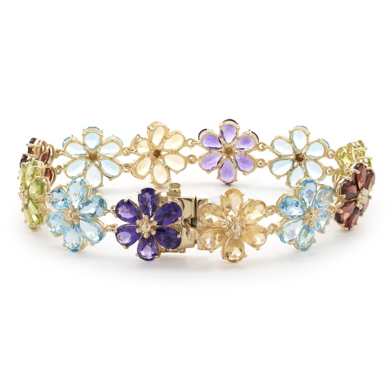 14 Karat Yellow Gold Multi Gemstone Flower Bracelet For Sale at 1stDibs