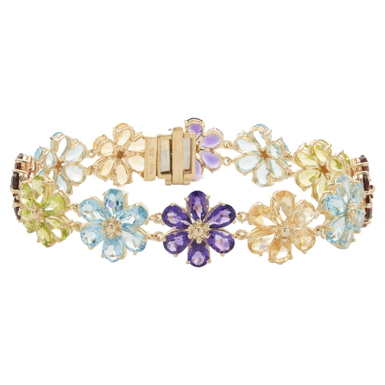 14 Karat Yellow Gold Multi Gemstone Flower Bracelet For Sale at 1stDibs