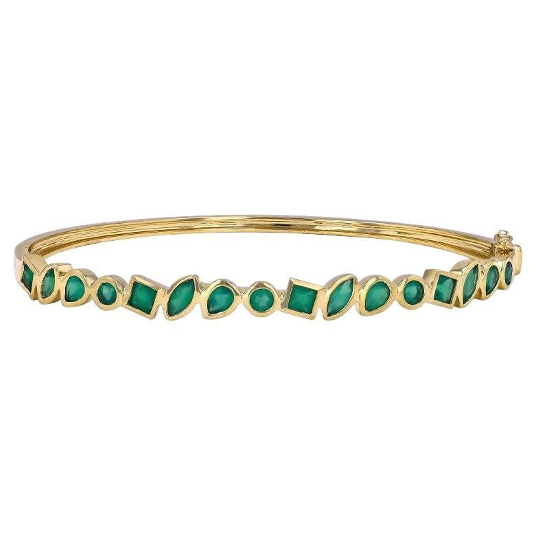 14 Karat Yellow Gold Multi Shaped Bezel Set Green Agate Bangle For Sale ...