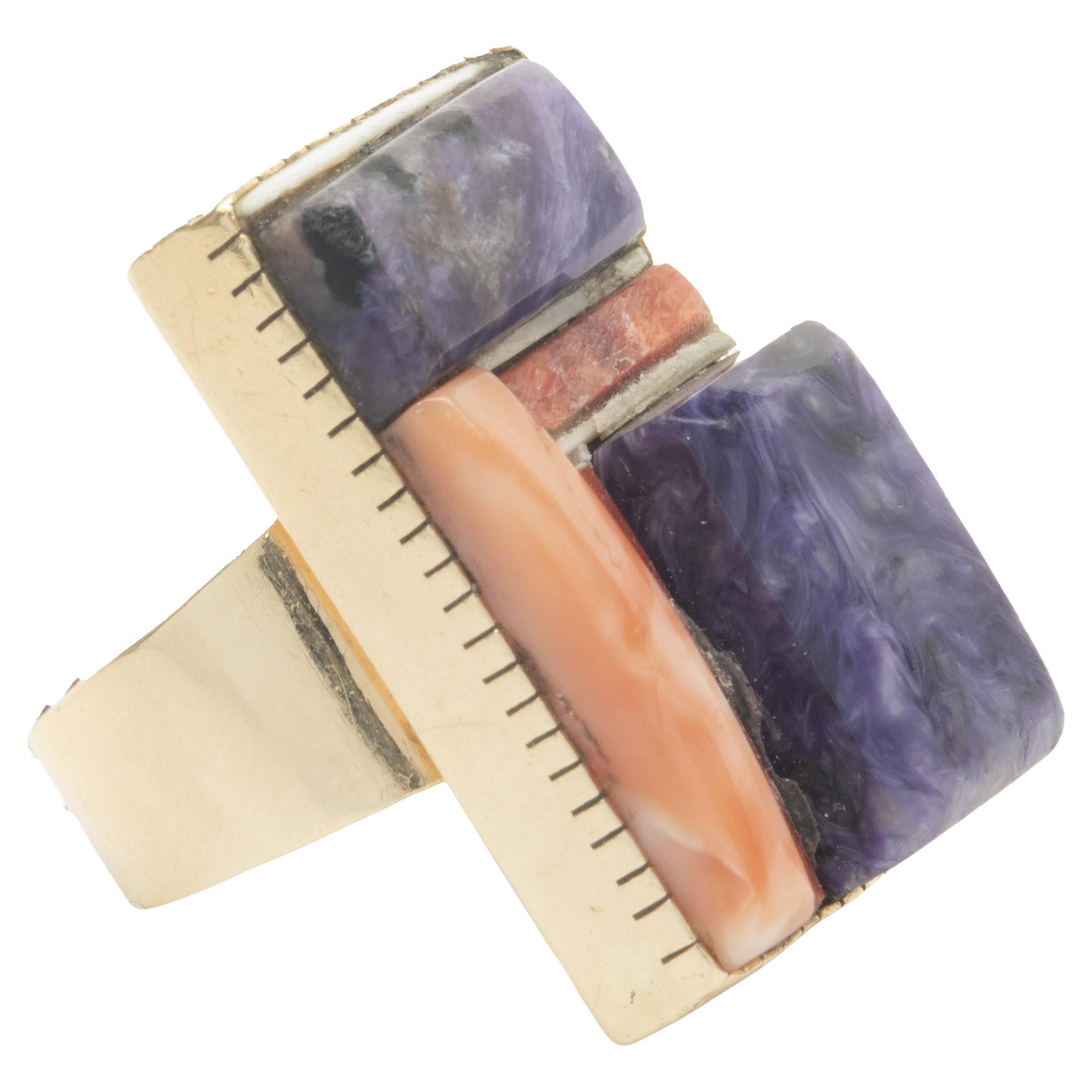 14 Karat Yellow Gold Native American Designed Coral, Spiney Oyster, and ...