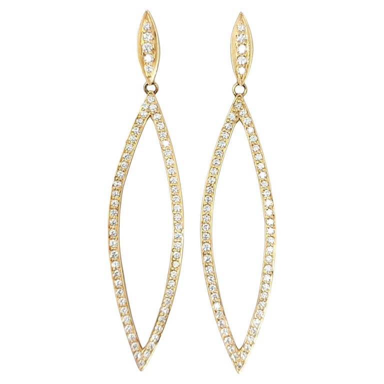 14 Karat Yellow Gold Navette Shaped Open Pave Diamond Drop Pierced ...