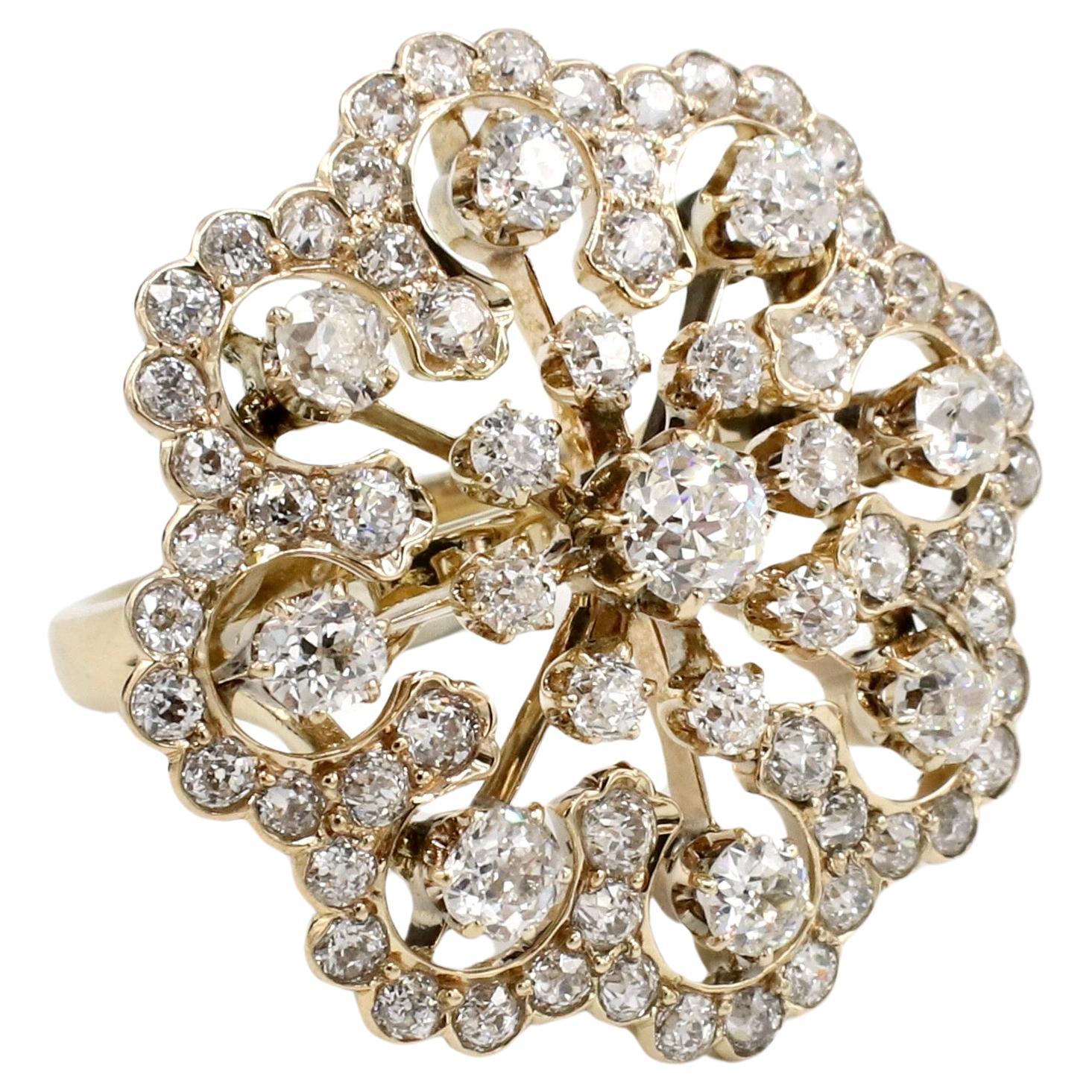 14 Karat Yellow Gold Old European Cut Natural Diamond Cluster Cocktail ...