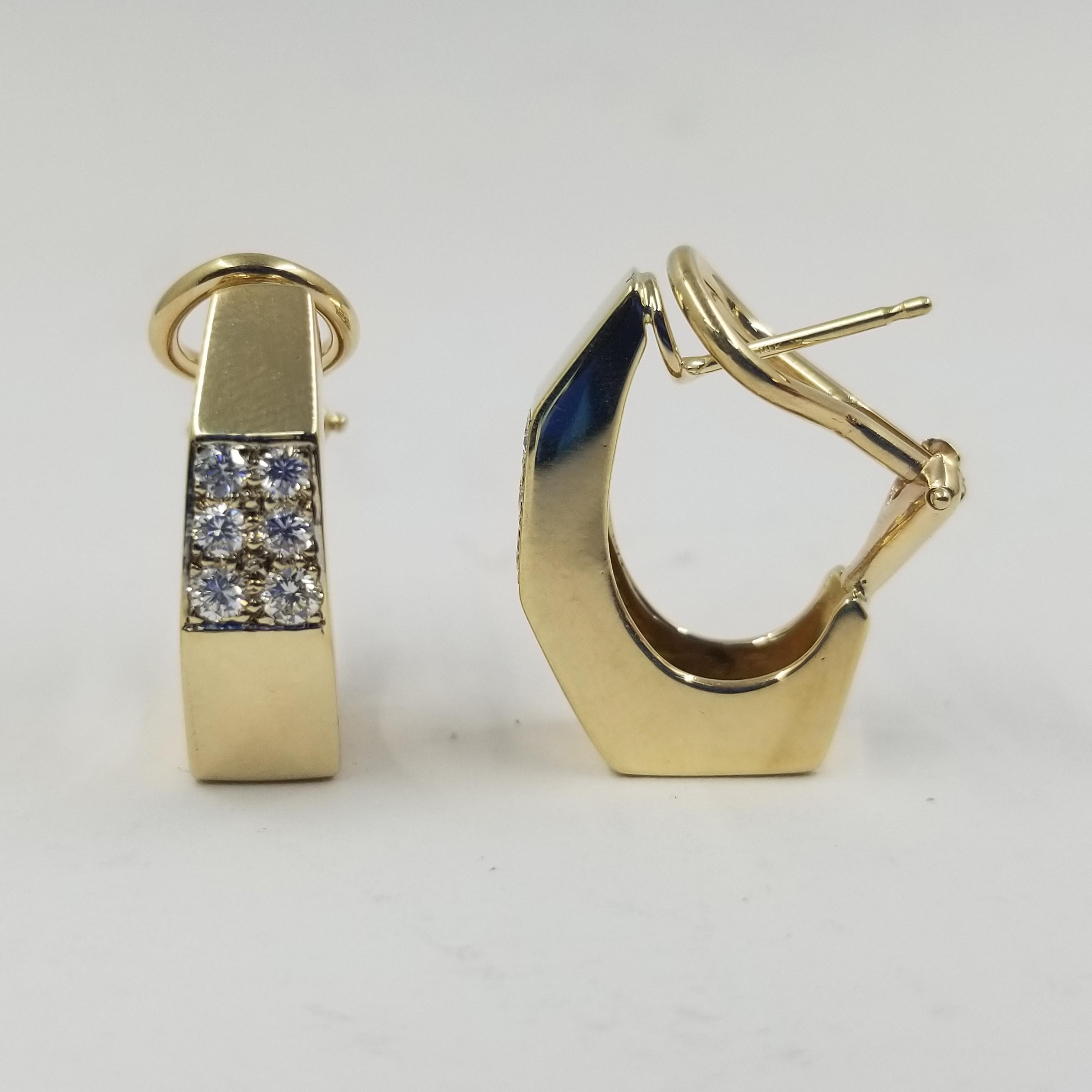 14 Karat Yellow Gold Omega Back Diamond Hoop Earrings at 1stDibs