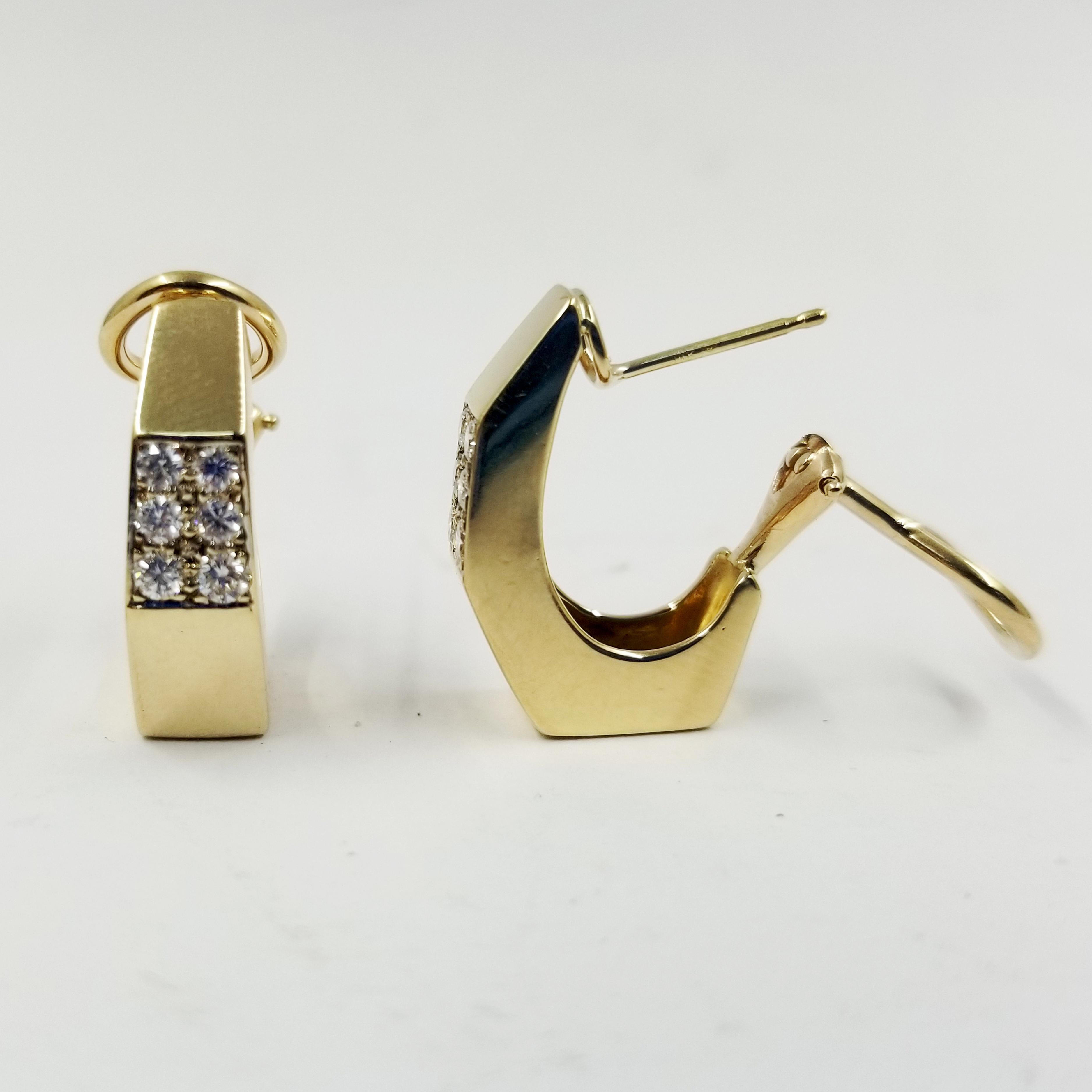 14 Karat Yellow Gold Omega Back Diamond Hoop Earrings at 1stDibs