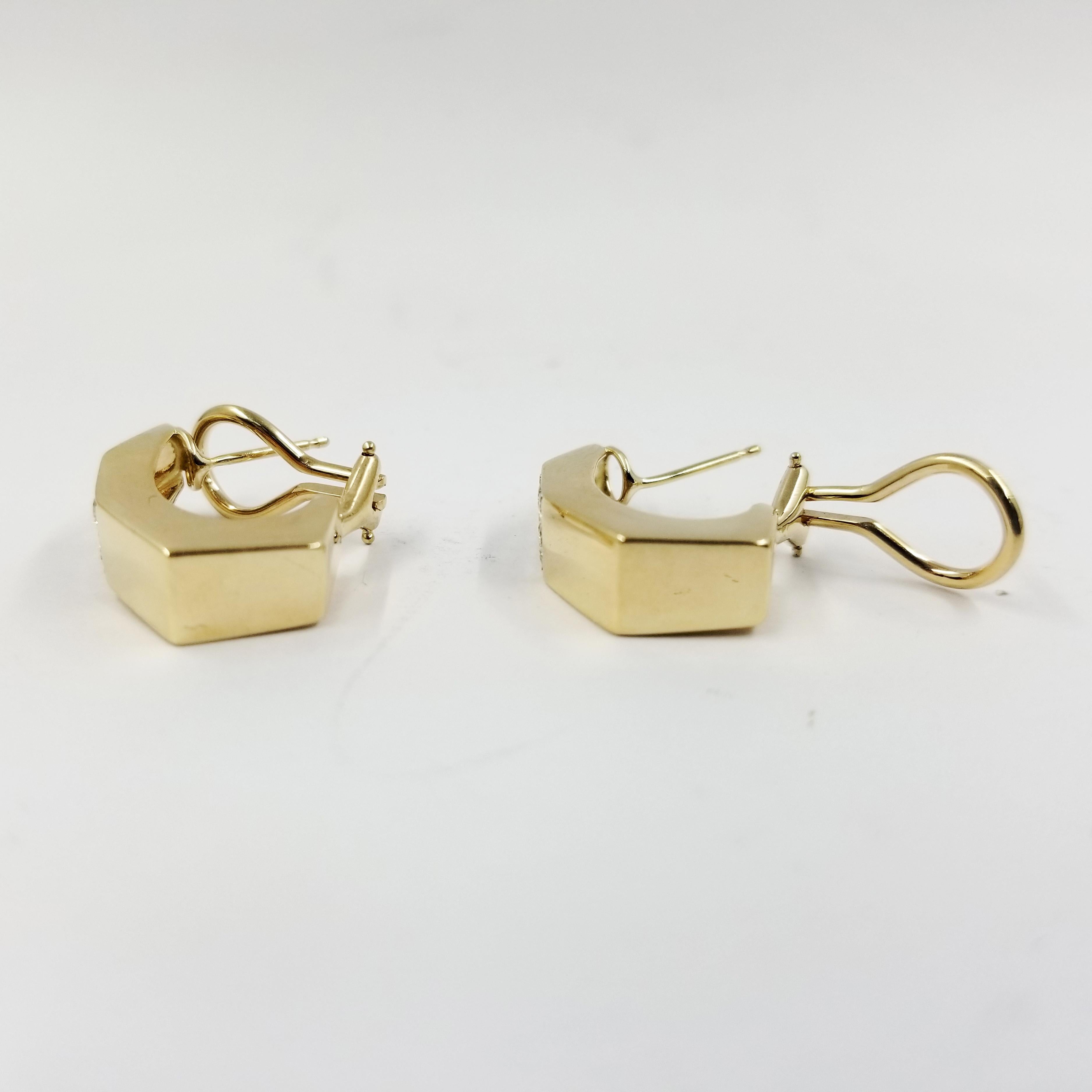 14 Karat Yellow Gold Omega Back Diamond Hoop Earrings at 1stDibs