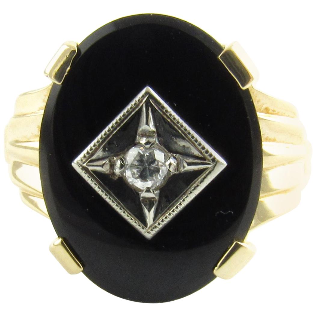 10 Karat Yellow Gold Onyx and Diamond Ring at 1stDibs
