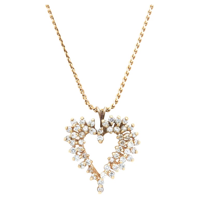 14 Karat Yellow Gold Open Heart Diamond Necklace For Sale at 1stDibs
