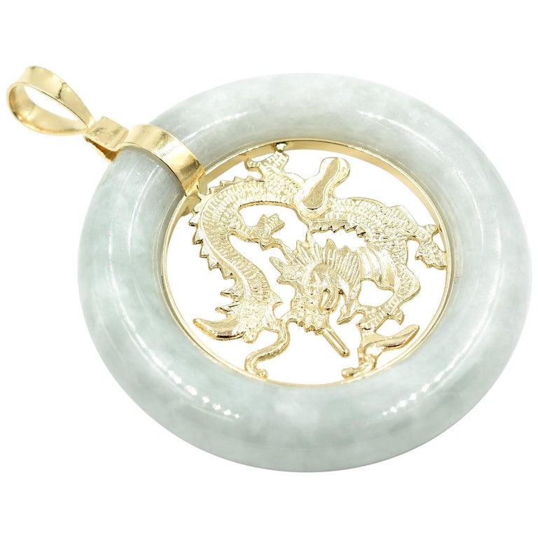 14 Karat Yellow Gold Oriental Dragon Jade Circle Pendant, 3 Grams For ...