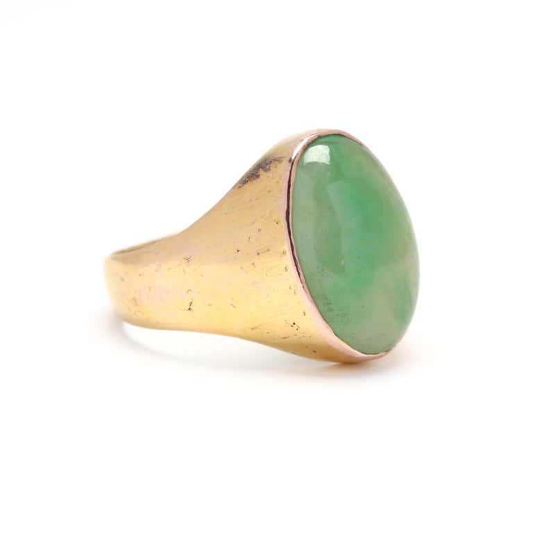 14 Karat Yellow Gold Oval Jade Signet Ring at 1stDibs