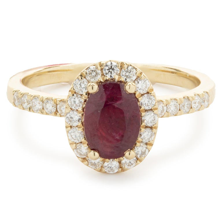 14 Karat Yellow Gold Oval Ruby and Diamond Ring For Sale at 1stDibs
