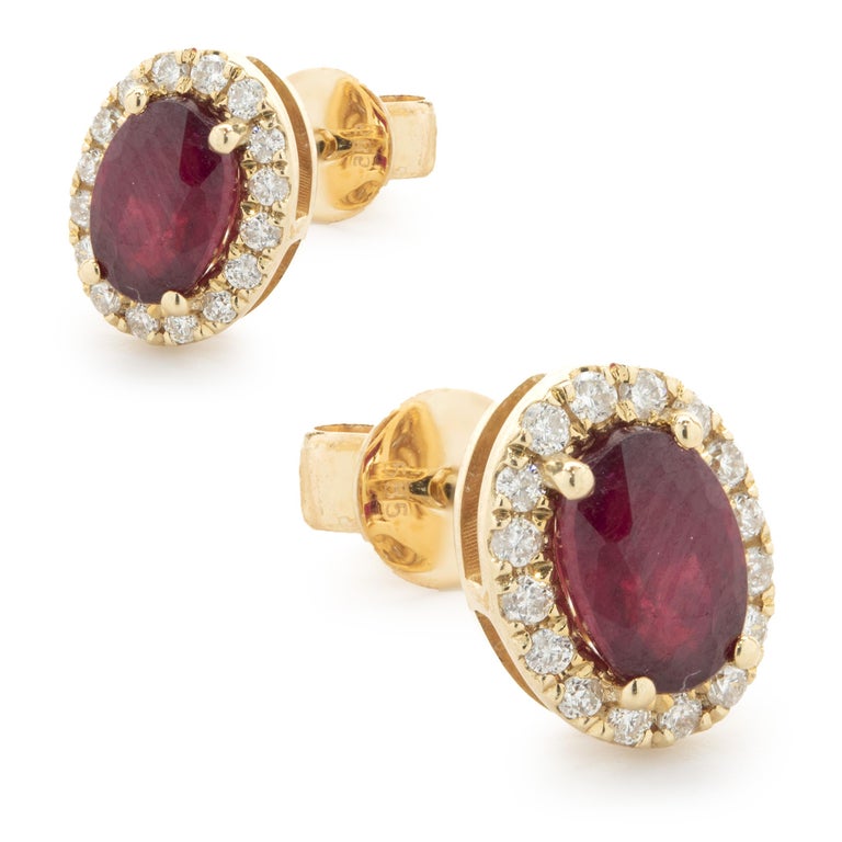 14 Karat Yellow Gold Oval Ruby and Diamond Stud Earrings at 1stDibs