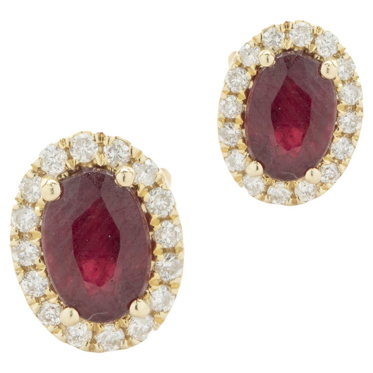 14 Karat Yellow Gold Oval Ruby and Diamond Stud Earrings at 1stDibs
