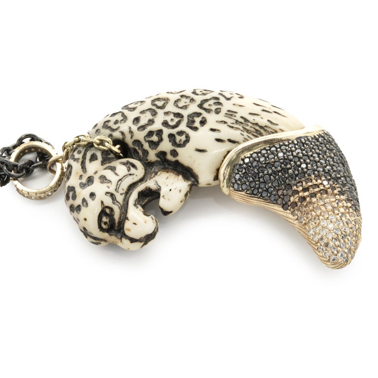 14 Karat Yellow Gold Panther Carved Tooth Necklace with Multi Colored ...