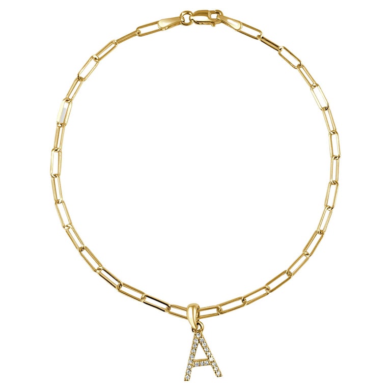 14 Karat Yellow Gold Paperclip Diamond Initial "A" Link Chain Bracelet ...