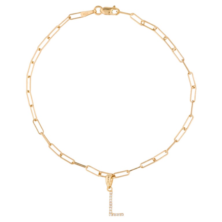 14 Karat Yellow Gold Paperclip Diamond Initial "L" Link Chain Bracelet ...