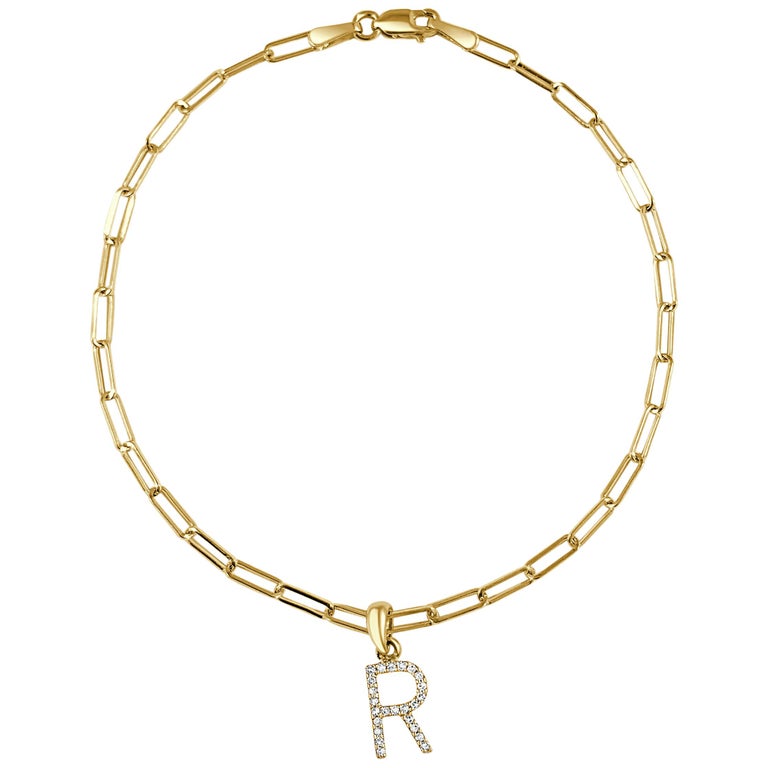 14 Karat Yellow Gold Paperclip Diamond Initial "R" Link Chain Bracelet ...