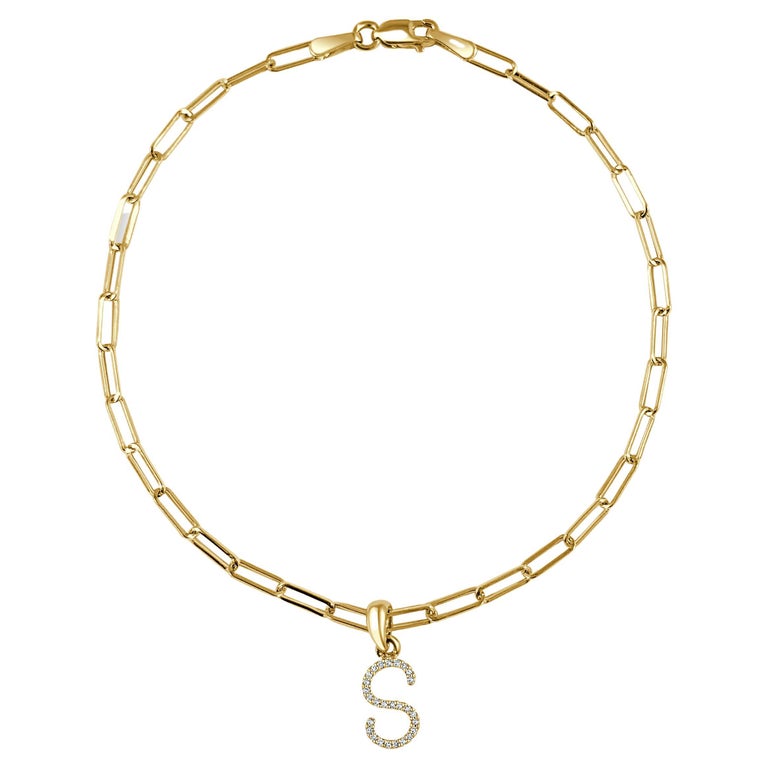 14 Karat Yellow Gold Paperclip Diamond Initial "S" Link Chain Bracelet ...
