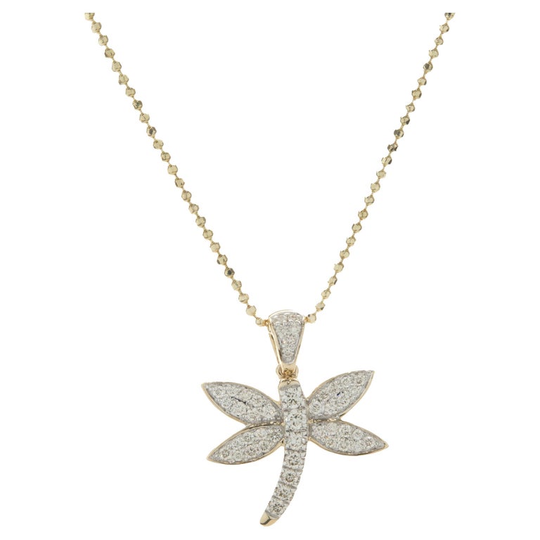 14 Karat Yellow Gold Pave Diamond Dragonfly Necklace For Sale at 1stDibs