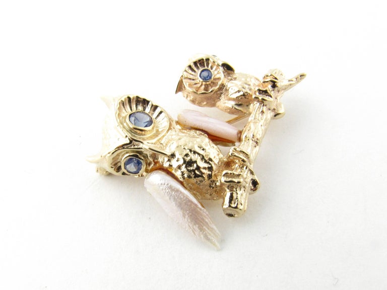 14 Karat Yellow Gold Pearl and Blue Topaz Owl Brooch or Pin For Sale at ...