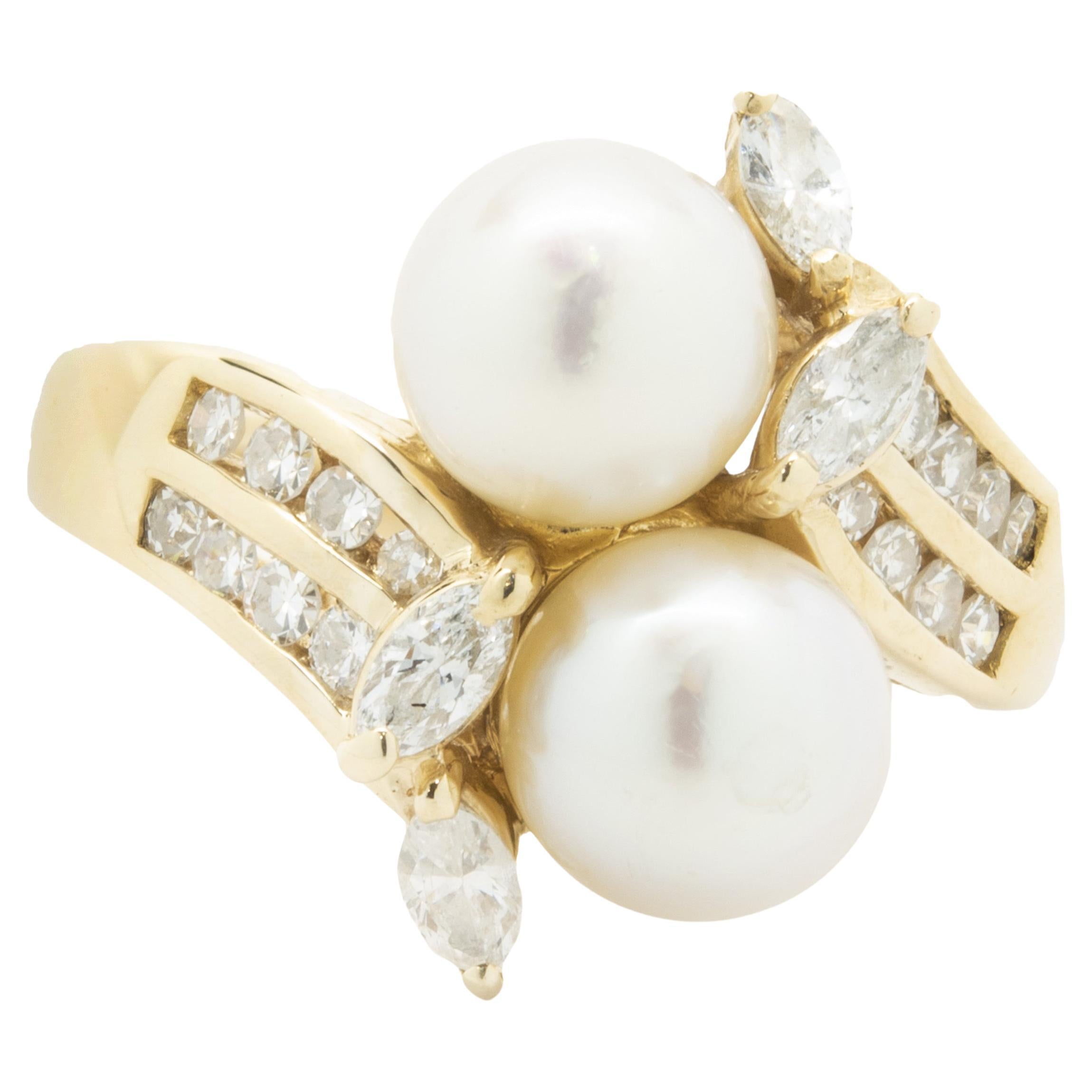 14 Karat Yellow Gold Pearl and Diamond Bypass Ring For Sale at 1stDibs