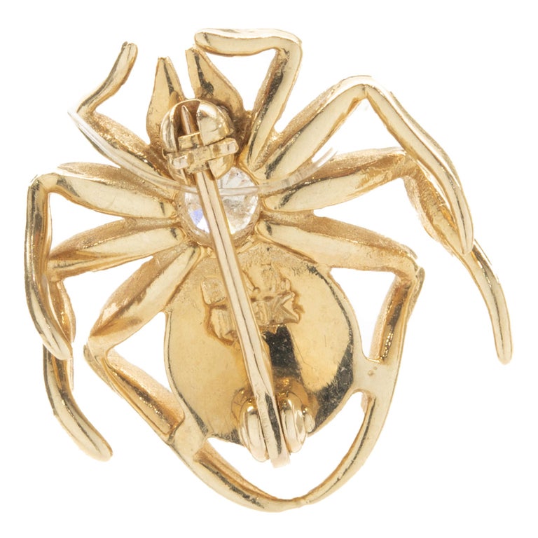 14 Karat Yellow Gold Pearl and Diamond Spider Pin For Sale at 1stDibs