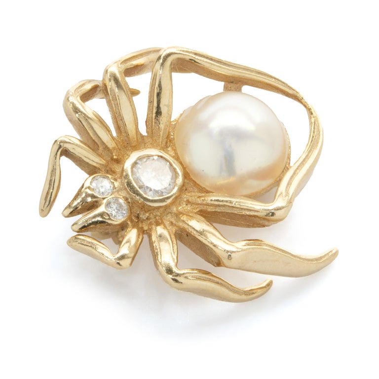 14 Karat Yellow Gold Pearl and Diamond Spider Pin For Sale at 1stDibs
