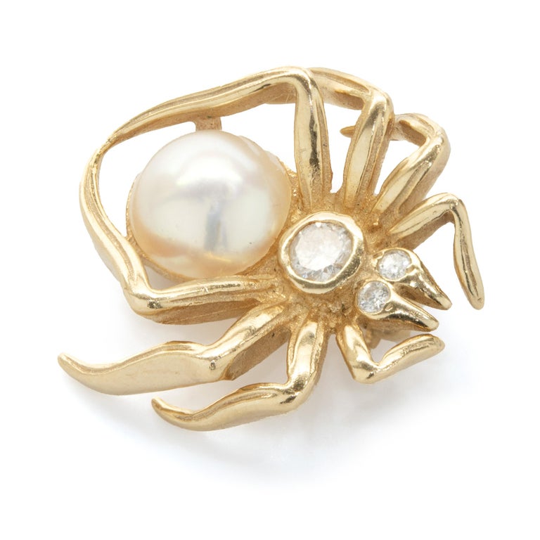 14 Karat Yellow Gold Pearl and Diamond Spider Pin For Sale at 1stDibs