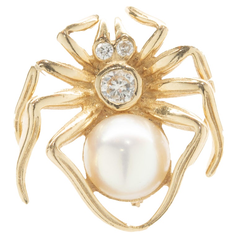 14 Karat Yellow Gold Pearl and Diamond Spider Pin For Sale at 1stDibs