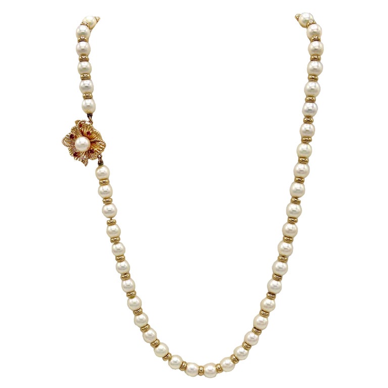 14 Karat Yellow Gold Pearl and Ruby Necklace For Sale at 1stDibs