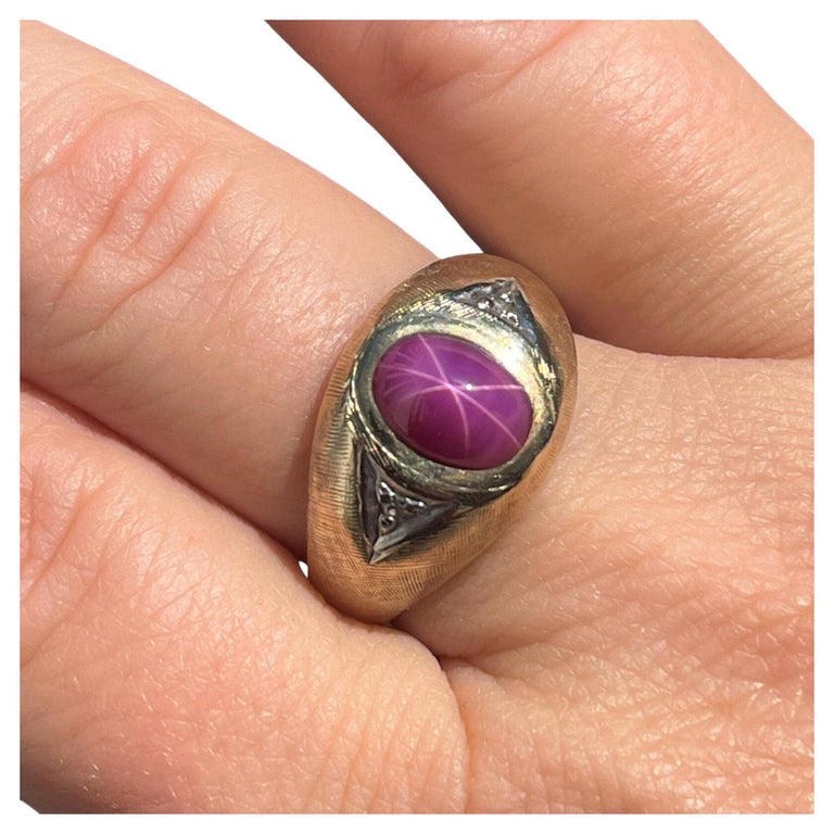 14 Karat Yellow Gold Pink Star Sapphire and Diamond Ring For Sale at ...