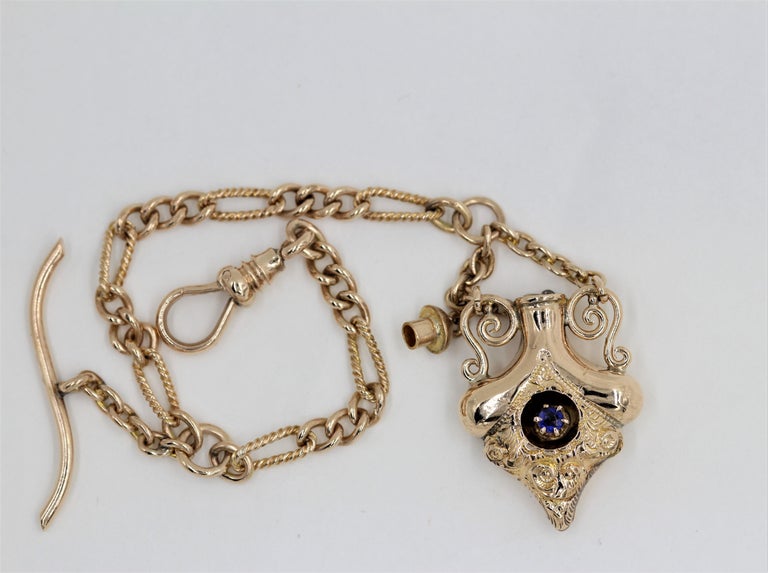 14 Karat Yellow Gold Pocket Watch Fob with Blue Sapphire For Sale at ...