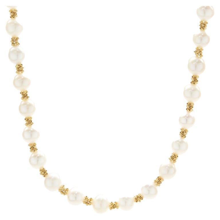14 Karat Yellow Gold Potato Pearl Station Necklace For Sale at 1stDibs