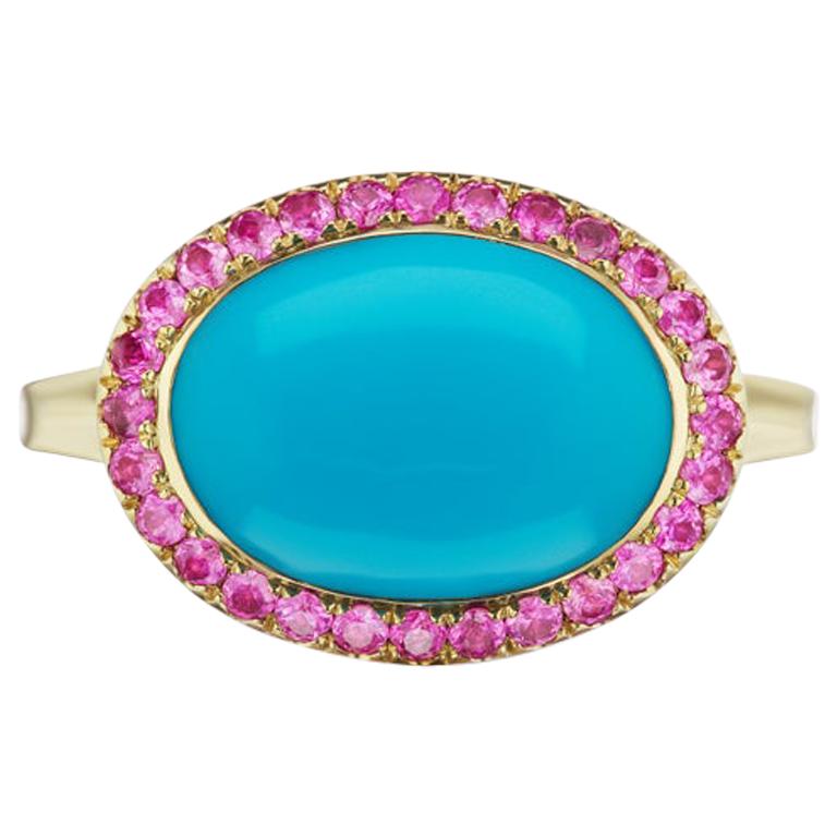 14 Karat Yellow Gold Purple Enamel Turquoise Cabochon and Pink Sapphire ...