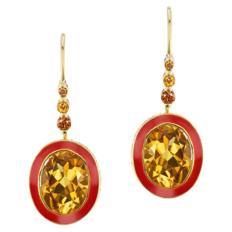 14 Karat Yellow Gold Red Enamel Citrine Lever Back Earrings For Sale at ...