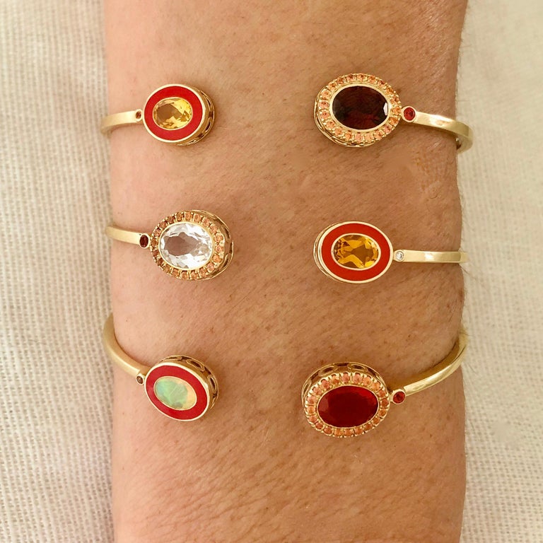 14 Karat Yellow Gold, Red Enamel, Topaz and Sapphire Cuff Bracelet For ...